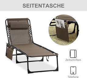 Polohovatelné křeslo, skládací lehátko s polštářkem pod krk, ocelový rám, potah ze síťoviny, nosnost 120 kg, hnědá barva