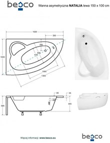 BESCO Asymetrická vana NATALIA Nožičky k vaně - S nožičkami, Rozměr vany - 150 × 100 cm, Způsob provedení - Levé VANNAT150L+OLVPINOZ