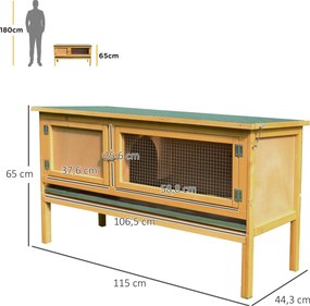 PawHut Dřevěná králíkárna s odklopnou střechou, 2 dvířka, nepropustná vanička, 115x44,3x65 cm Světle žlutá