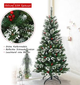 Costway 150 cm Umělý vánoční stromek se sněhovými vločkami, červenými bobulemi
