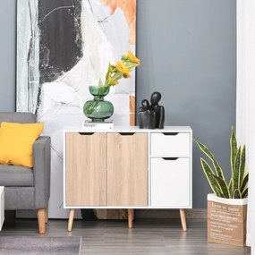 HOMCOM Moderní komoda se 3 dvířky a zásuvkou 90x30x72 cm Bílá a přírodní dřevo