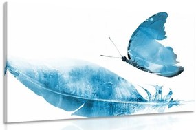 Obraz pírko s motýlem v modrém provedení - 90x60 cm