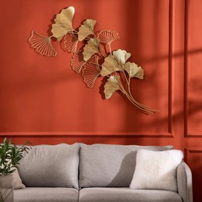HOMCOM 3D Kovová Nástěnná Dekorace, Zlatá Nástěnná Umělecká Díla s Listy Ginkgo 138x70cm