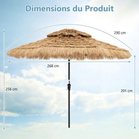 Costway Slunečník Hawaii slaměný 270 cm s LED solárním osvětlením a dvojitou
