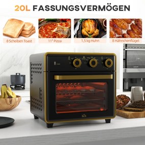 HOMCOM malá trouba 20L 1400W 90-230℃ s časovačem na 1 hodinu 3 polohy roštu Plech na pečení Žehlička Černá 36cm x 37,7cm x 34,5cm