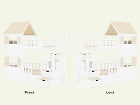 WoodPassion Patrová postel CHALOUPKA s poloviční střechou a úložnými schody 90x200 cm Zvolte barvu: Bílá - Přírodní, Zvolte šuplík: Dvojitý úložný šuplík, Zvolte stranu: Vpravo