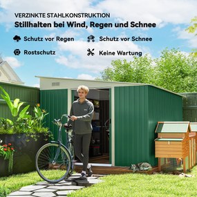Outsunny Kovový zahradní domek se šikmou střechou a zamykatelnými dvojitými dveřmi 2,8 x 3,45 x 2,01 m, zelený