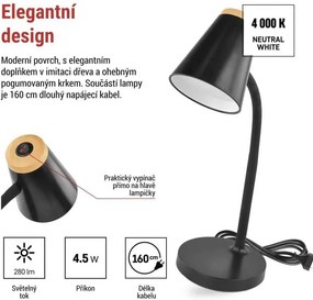 EMOS Černá LED stolní lampička Tara 4,5W Z7641B