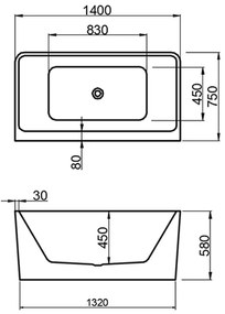BPS-koupelny Volně stojící akrylátová vana ke stěně HYD-SOF515A 140x75 cm bílá, odtokový komplet černý