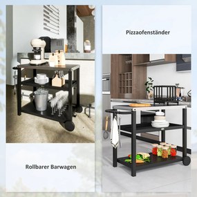 Outsunny grilovací vozík 3-patrový servírovací vozík se pracovní plochou, policemi, háčky a koly, nerezový stůl na gril, venkovní užitkový vozík, gri…