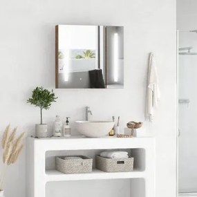 kleankin Nástěnná zrcadlová skříňka s LED osvětlením do koupelny, 2 dveře s 3 úrovněmi, 70 x 15 x 65 cm, vzhled dřeva