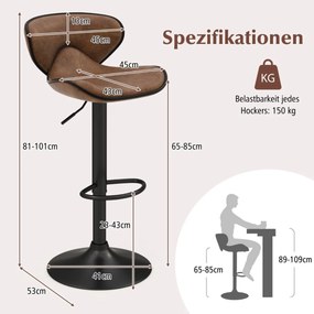 Costway Sada 2 otočných barových židlí s opěrkou a opěrkou nohou Barové židle