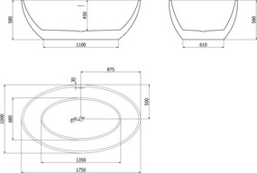 Mexen Nike, volně stojící vana 175 x 100 cm, bílá-černá, zlatý matný přepad, 54071751075-55