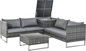 Outsunny 4dílná ratanová zahradní souprava s 2 dvousofami, centrálním stolem a úložným prostorem, odnímatelnými polštáři 132x69x64 cm Šedá | Aosom