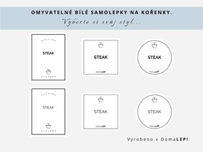 STEAK - omyvatelná samolepka na kořenky, výběr rozměrů Ø 5 cm / 5 x 5 cm / 6 x 8 cm | DomaLEP tvar: ČTVEREC, barva: BÍLÁ - ČERNÉ písmo, velikost: š. 5 cm x v. 5 cm - tučné písmo