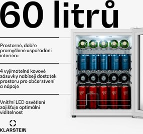 Klarstein Beersafe nápojová lednice se skleněnými dveřmi | 64 x 48 cm | 60 l | 85 W | stříbrná/bílá