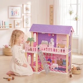 AIYAPLAY Domeček pro panenky 69 cm vysoký, 2patrový s 2 panenkami, 11 kusy nábytku, žebříkem, balkónem, velký pro dívky od 3 do 6 let, růžový