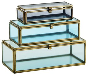 MADAM STOLTZ Skleněný box Grey/Turquoise/Seagreen - set 3 ks, modrá barva, zelená barva, šedá barva, měděná barva, sklo, kov