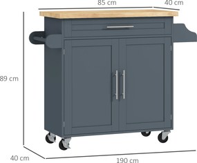 HOMCOM Víceúčelový Kuchyňský Vozík s Šuplíkem, Kolíky, Regálem na Koření, Skříňkou a Horní Deskou z Gumového Dřeva, 109x40x89 cm, Šedý