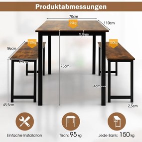 Costway Jídelní stůl se 2 lavicemi sada jídelních sestav 3 pro 4 osoby káva +