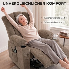 HOMCOM Televizní křeslo s pomocí při vstávání, elektrické relaxační křeslo s masáží a vyhříváním, funkce ležení, USB porty, hnědé