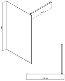 Cersanit Mille, sprchová zástěna typu Walk-In 80x200 cm, 8mm čiré sklo, černý profil, S161-007