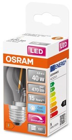 Průhledná LED stmívatelná žárovka E27 4,8 W CLASSIC P, studená bílá