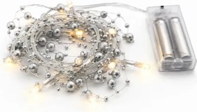 LED světýlka na baterie, perly stříbrné, 1,3 m, teple bílá, 10 diod, čirý kabel, IP20 interiér, 2 × AA