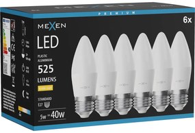 Mexen Nova 6x LED žárovka E27, C37, 5W, Teplá - 3000K, 525 lm - L102-E27-0530-01x06