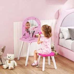 AIYAPLAY Dětský toaletní stolek s taburetem a zrcadlem, toaletní stolek pro dívky s motivem srdce pro děti 3-6 let, růžová