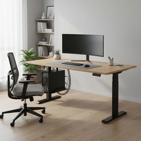 Výškově nastavitelný stůl OfficeTech D, 200 x 80 cm, černá podnož, buk