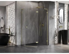 Mexen Lunar, L pravý výklopný pětiúhelníkový sprchový kout 100 x 80 cm, 8mm čiré sklo, zlatý matný profil, 831L-100P-080L-55-00-P