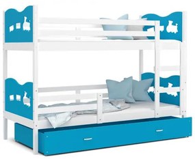Dětská patrová postel MAX 160x80 cm s bílou konstrukcí v modré barvě s VLÁČKEM