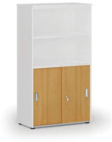 Kombinovaná kancelářská skříň PRIMO WHITE, zasouvací dveře na 2 patra, 1434 x 800 x 420 mm, bílá/buk