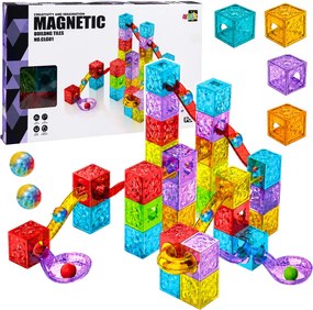 LEAN Toys Magnetické stavební kostky – kostky, kuličková dráha, barevné, 60 ks.