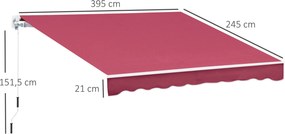 Manuální Retrakční Slunečník Outsunny 395x245 cm s Voděodolnou a UV-ochrannou Kovovou Kličkou pro Zahradní Terasy a Okna