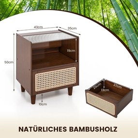 Costway Noční stolek 2 z bambusu a ratanu se zásuvkou a masivními dřevěnými