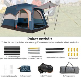 Costway Kempingový stan pro 6 osob s 2 přepážkou místnosti a pláštěnkou