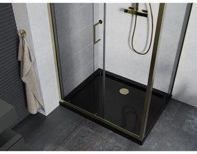 Mexen Apia sprchový kout s posuvnými dveřmi 100 (dveře) x 70 (stěna) cm, 5mm čiré sklo, zlatý profil + černá sprchová vanička SLIM, 840-100-070-50-00-4070G