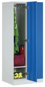 Šatní skříňka snížená, 2 oddíly, 1500 x 600 x 500 mm, cylindrický zámek, modré dveře