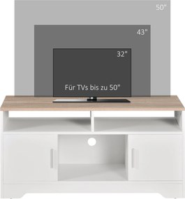 HOMCOM TV Skříňka pro Obývací Pokoj s Velkým Úložným Prostorem, Otevřené Police, Správa Kabelů, Klasický Design 105x40x52 cm Bílá