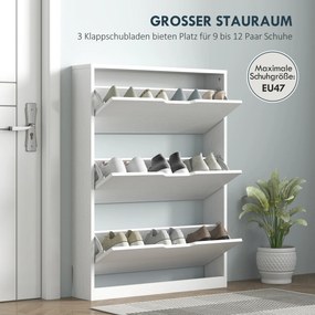 HOMCOM Skříň na boty se 3 dvířky, Botník, Skříň na obuv pro 9-12 párů bot 80 x 17 x 108 cm, Bílá