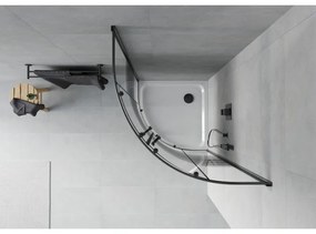 Mexen Rio, čtvrtkruhový sprchový kout s posuvnými dveřmi 90 (dveře) x 90 (dveře) x 190 cm, 5mm čiré sklo s pásky, černý profil + bílá sprchová vanička Slim, 863-090-090-70-20-411