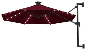 Nástěnný slunečník s LED světly a kovovou tyčí 300cm burgundský,  312526