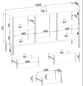 Komoda se zásuvkami Sento, černá/dub wotan, s osvětlením
