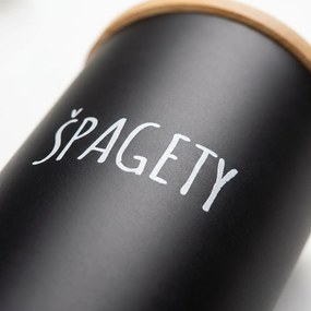 Orion Dóza na potraviny, plechová, černá, s bambusovým víkem, ŠPAGETY