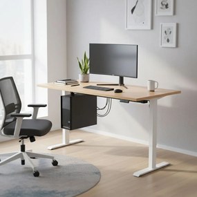 Výškově nastavitelný stůl OfficeTech B, 120 x 80 cm, bílá podnož, buk