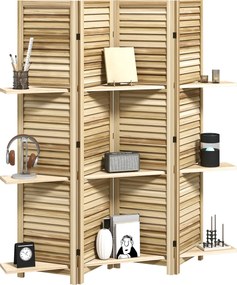 HOMCOM Interiér dřevěné obrazovky se 4 panely 160 x 170 cm, skládací přepážka s 3 policemi, přírodní dřevo