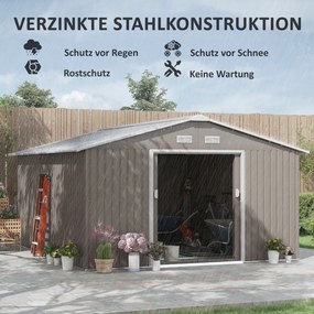 Outsunny Zahradní Kůlna 12,4 m², Zahradní Dům s Plochou Střechou, Posuvné Dveře, Základna, 386 x 340 x 200 cm, Zahradní Kůlna z Pozinkované Oceli, Od…