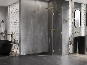 Mexen Lunar, L pravý výklopný pětiúhelníkový sprchový kout 100x100 cm, 8mm čiré sklo, zlatý matný profil, 831L-100P-100L-55-00-P